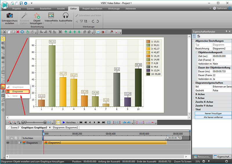 Hinzufügen von Diagrammen zu einem Video mit dem VSDC Free Video Editor